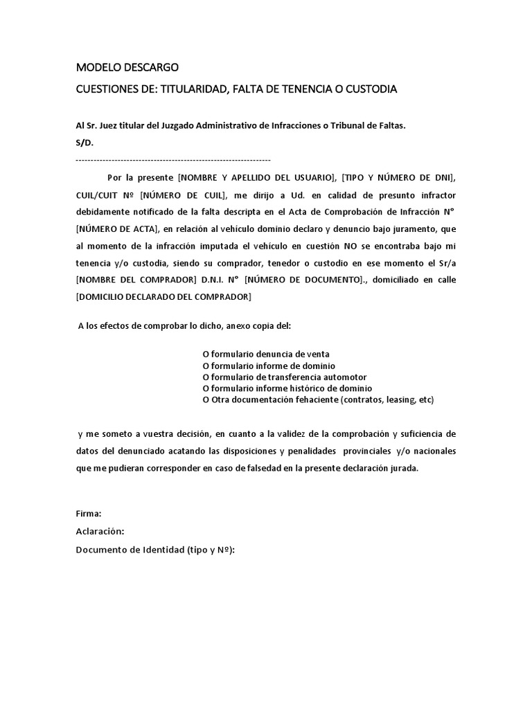 Descargo por Infracción Vehicular | PDF