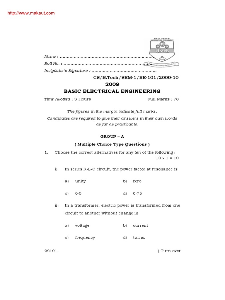 Btech 1 Sem Basic Electrical Engineering 2009 Pdf Inductance Transformer 