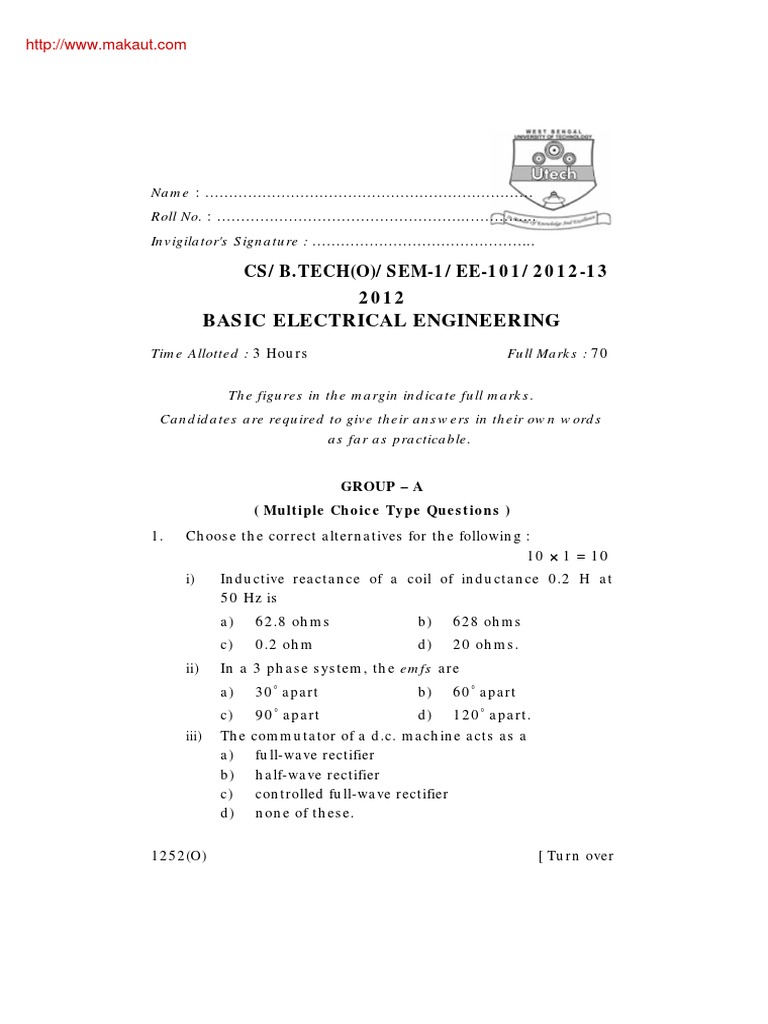 Basic Electrical Engineering Exam 2012 | PDF | Electric Motor | Electricity