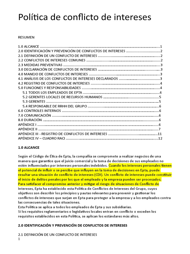Política de Conflictos de Intereses Epta | PDF | Gestión de recursos ...