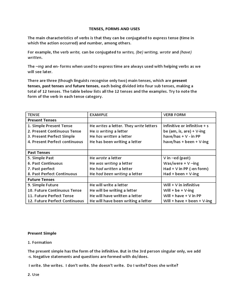 An In-Depth Guide to Verb Tenses, Forms and Uses | PDF | Grammatical ...