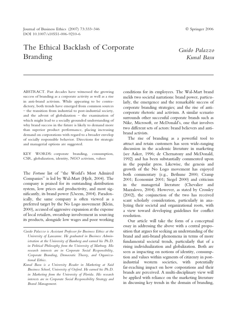 The Ethical Backlash of Corporate Branding | PDF | Brand | Corporate ...