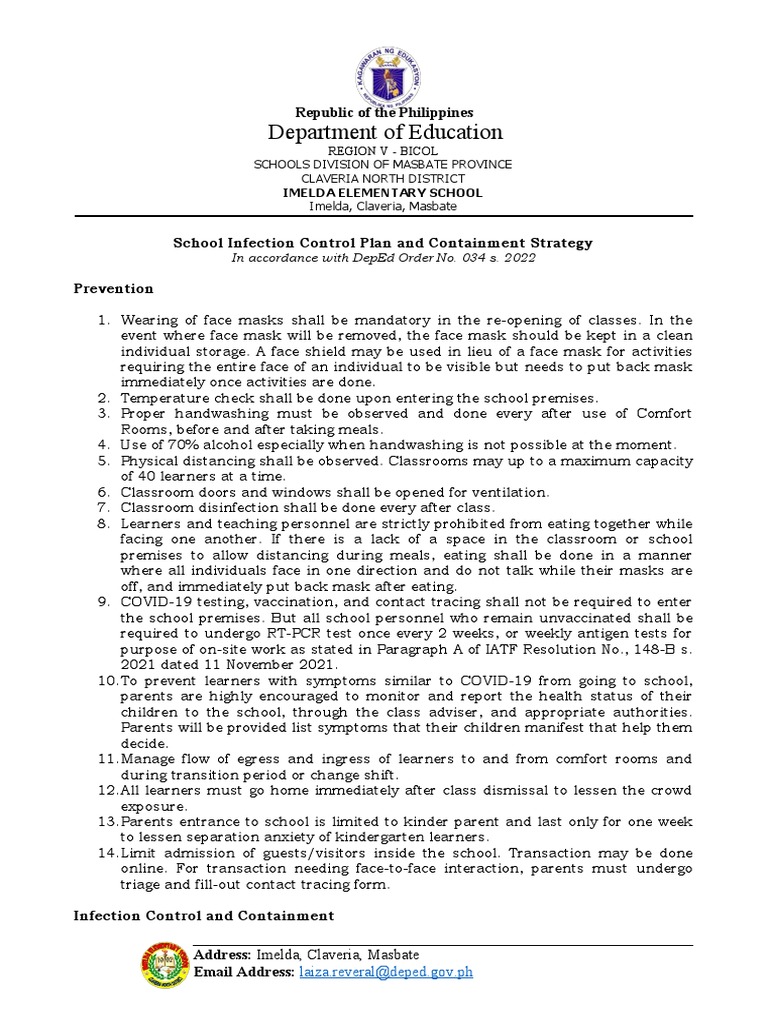 School Infection Control Plan and Containment Strategy | PDF ...