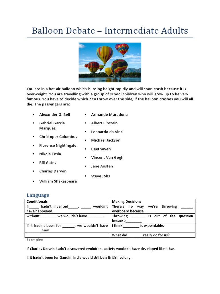 Balloon Debate Intermediate Adults | PDF