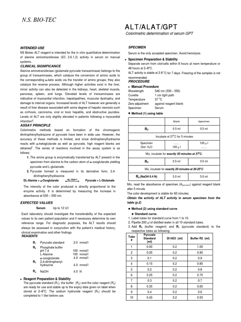 ALT/ALAT/GPT Colorimetric Test | PDF | Alanine Transaminase | Transaminase