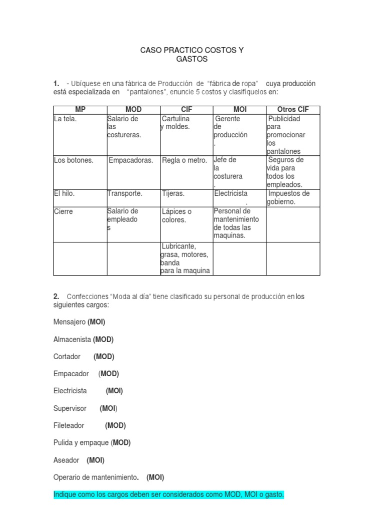 Caso Practico Costos y Gastos | PDF | Economias | Bienes de consumo
