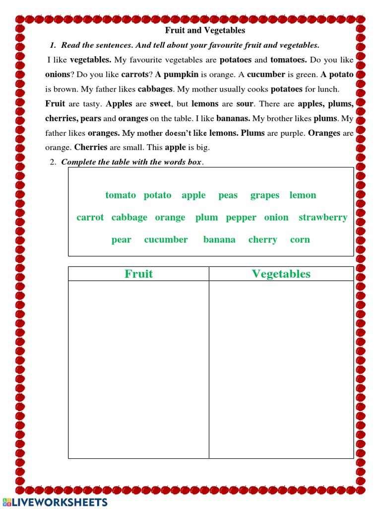 Fruit Vegetables: 1. Read The Sentences. and Tell About Your Favourite ...