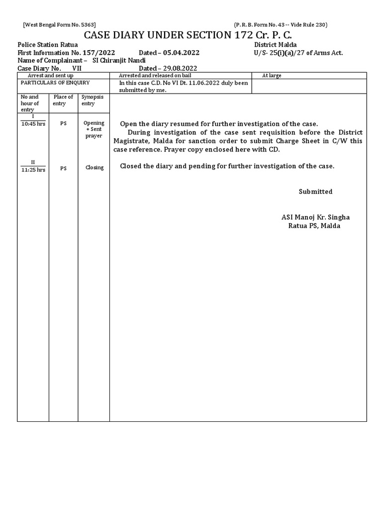 Ongoing Arms Act Case Investigation: Diary Entries Detailing Progress ...