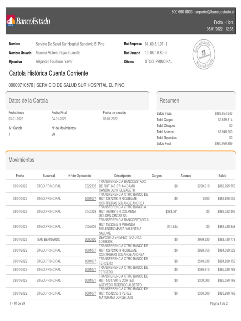 Cartola Histórica Cuenta Corriente: Datos de La Cartola Resumen | PDF ...