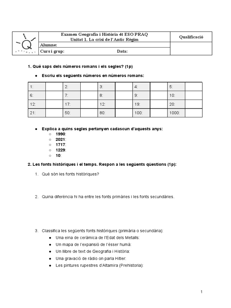 Examen T.1 La Crisi de L'antic Règim | PDF