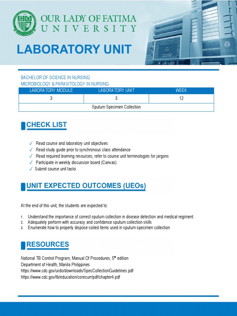 SPUTUM SPECIMEN COLLECTION Course Unit - Micro-Para Lab | PDF ...