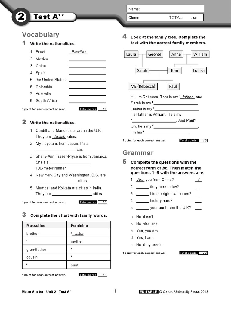 Metro Starter Unit 2 Test A Two Stars | PDF | Languages | Foreign ...