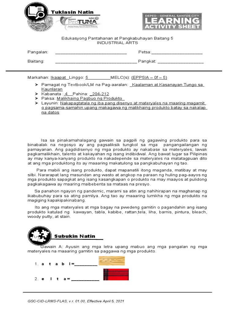 Grade 5 LAS Industrial Arts Q4 W5 Latorza Final | PDF