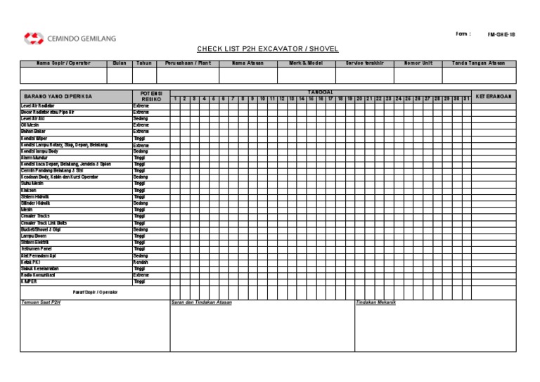 Form Checklist Inspeksi Harian Alat Berat P2H Excavator / Shovel | PDF