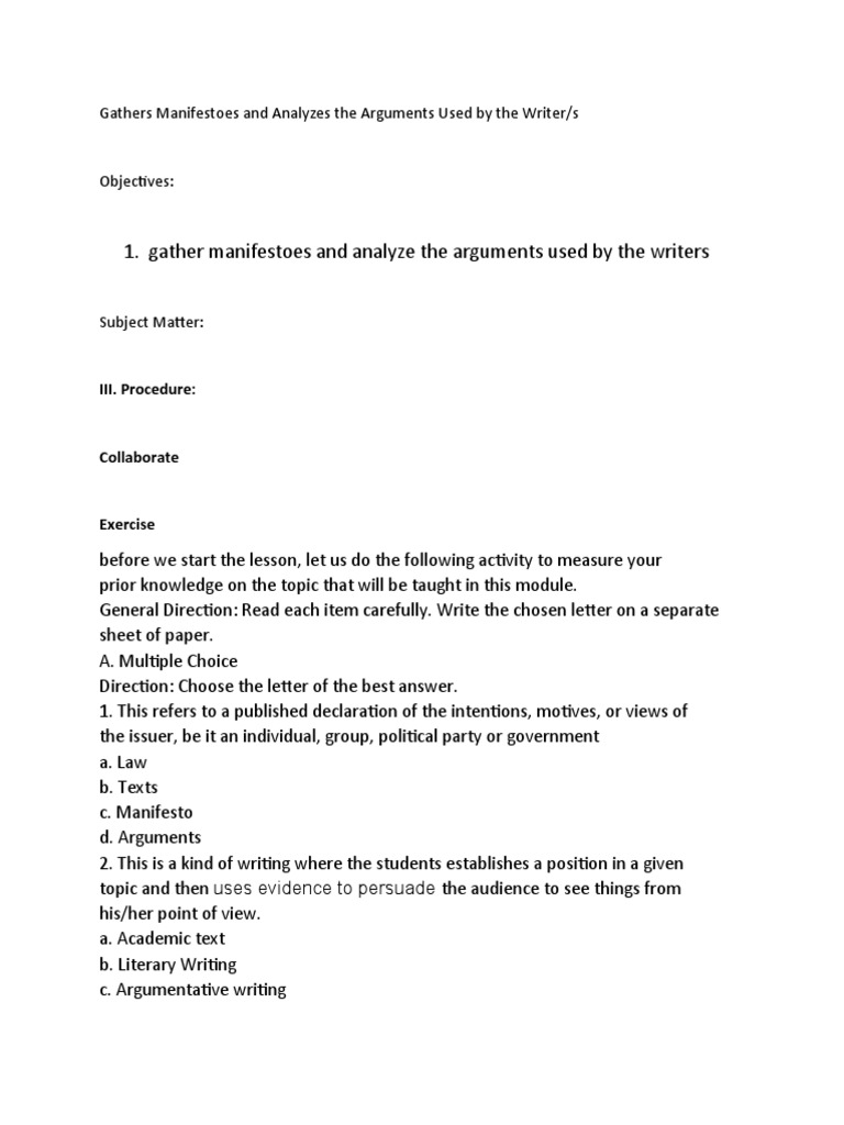 Analyzing Arguments in Manifestoes | PDF | Evidence | Argument