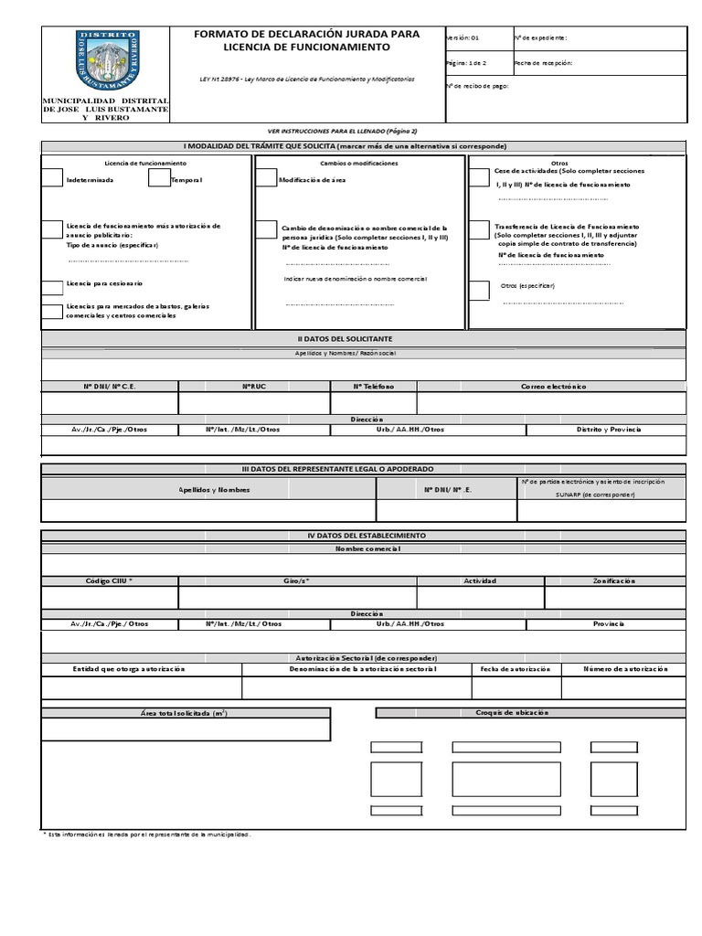 Formato de Declaración Jurada para Licencia de Funcionamiento | PDF