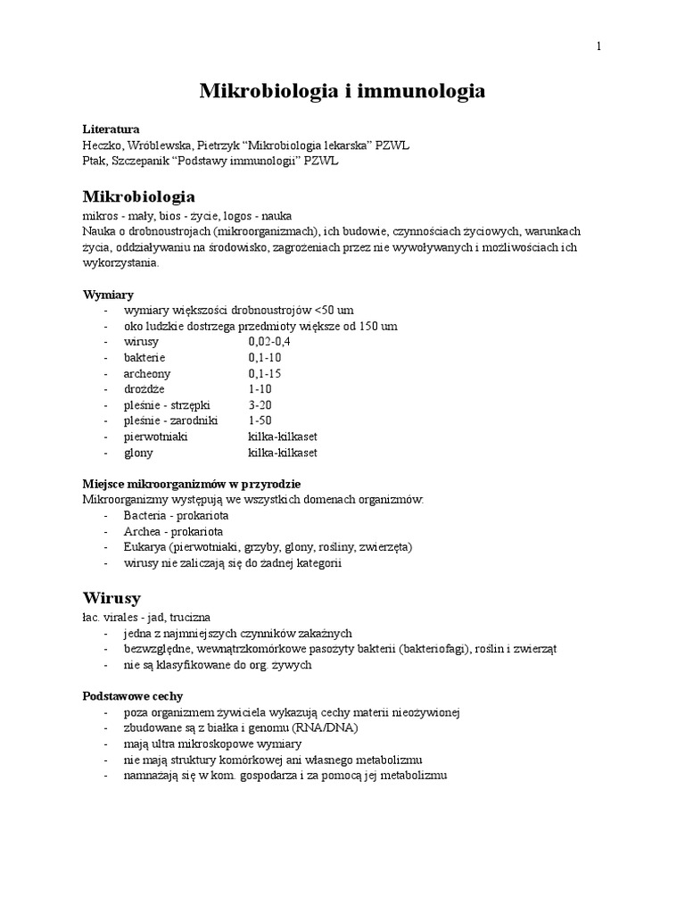 Mikrobiologia I Immunologia Notatki 1 | PDF
