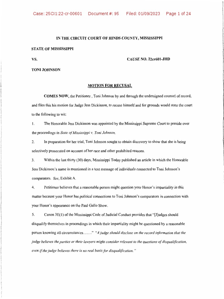 Jess Dickinson - Motion For Recusal | PDF | Judicial Disqualification | Public Sphere