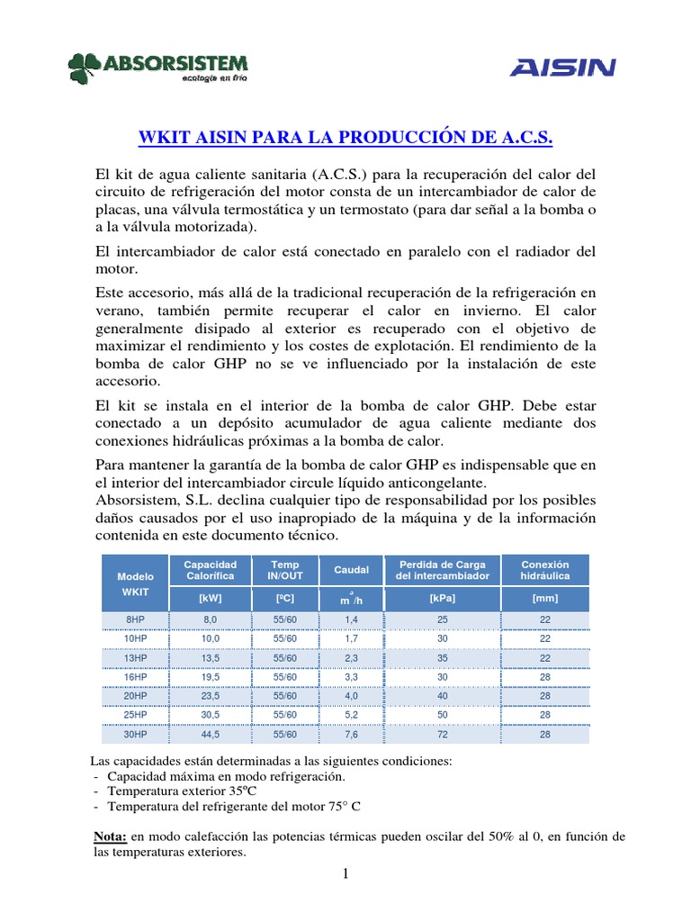 Aisin GEHP - F1 - Kit Recuperación de Calor | PDF | Bomba de calor | Bomba