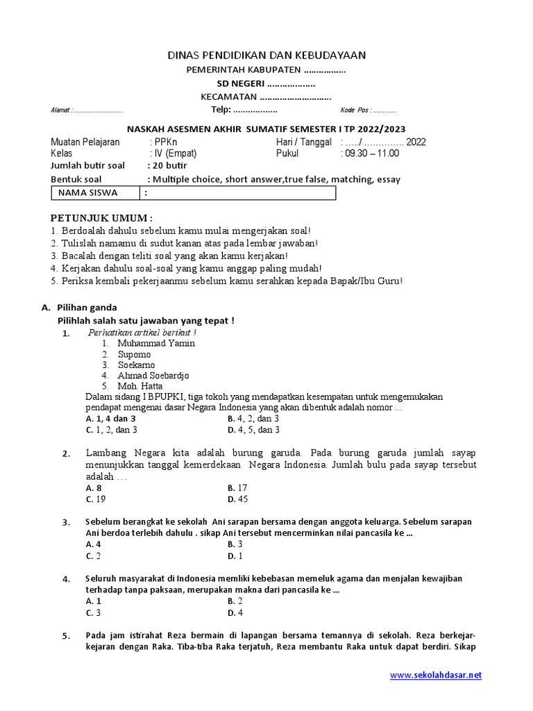 Soal Sumatif Akhir Semester 1 Kelas 4 Mapel PPKN | PDF | Seni & Disiplin Bahasa | Kajian Bahasa ...