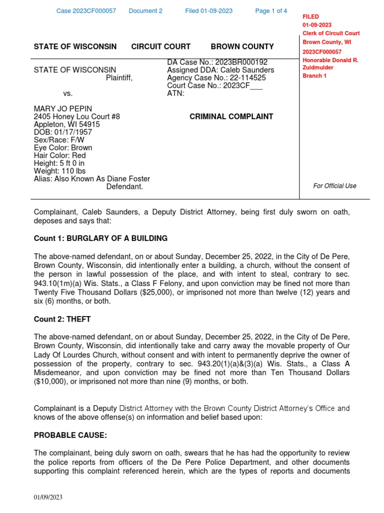 Mary Jo Pepin Criminal Complaint | PDF | Theft | Wisconsin Circuit Courts
