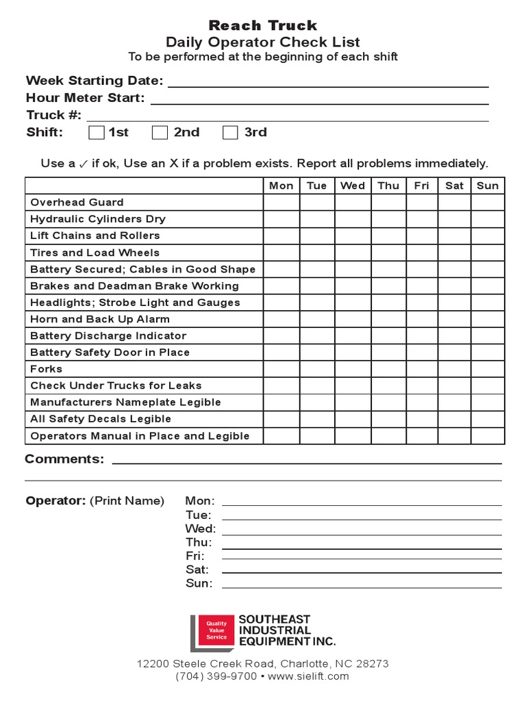 Reach Truck Daily Operator Checklist 2 | PDF
