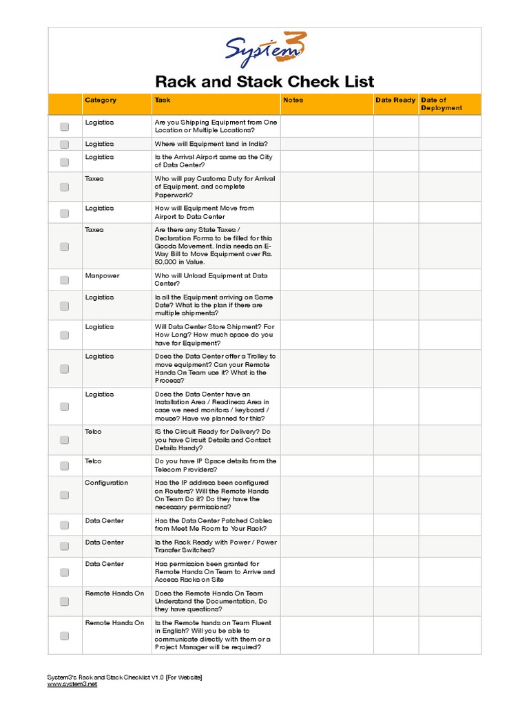 Rack Stack Checklist | PDF | Data Center | Logistics
