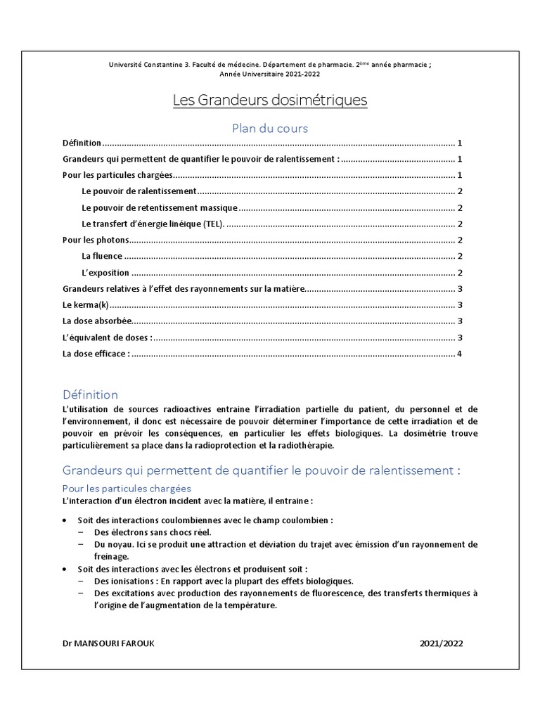 Grandeurs Dosimétriques en Pharmacie | PDF | Dose absorbée | Physique