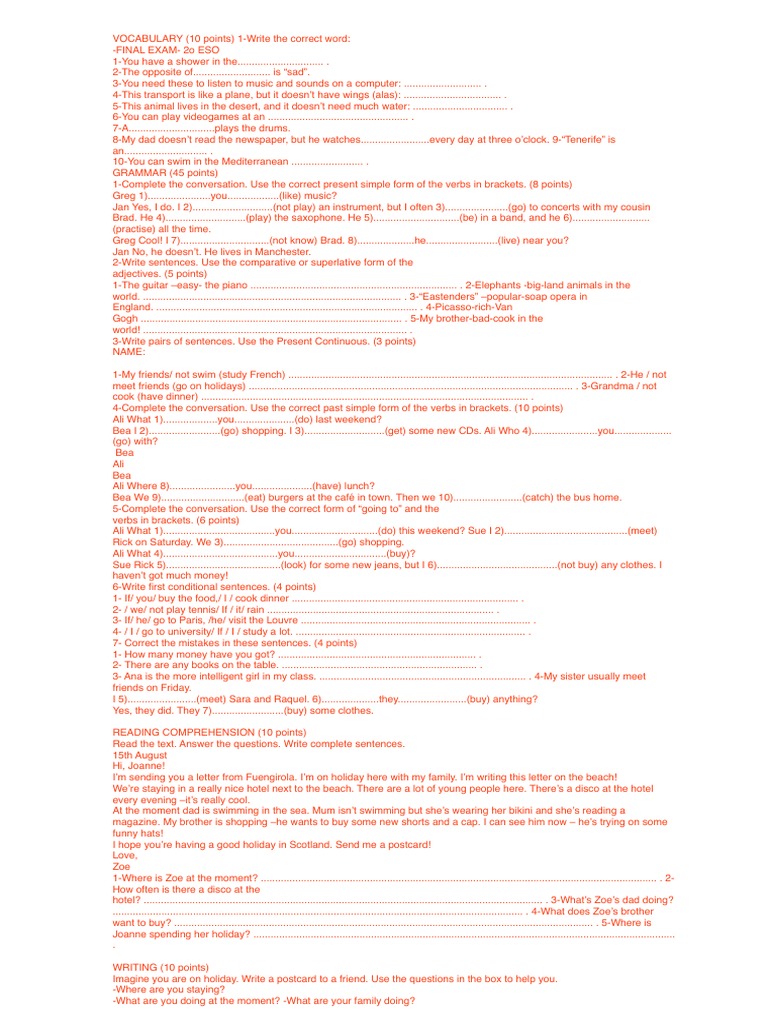 Examen de Ingles 2 Eso | PDF | Grammar | Linguistics