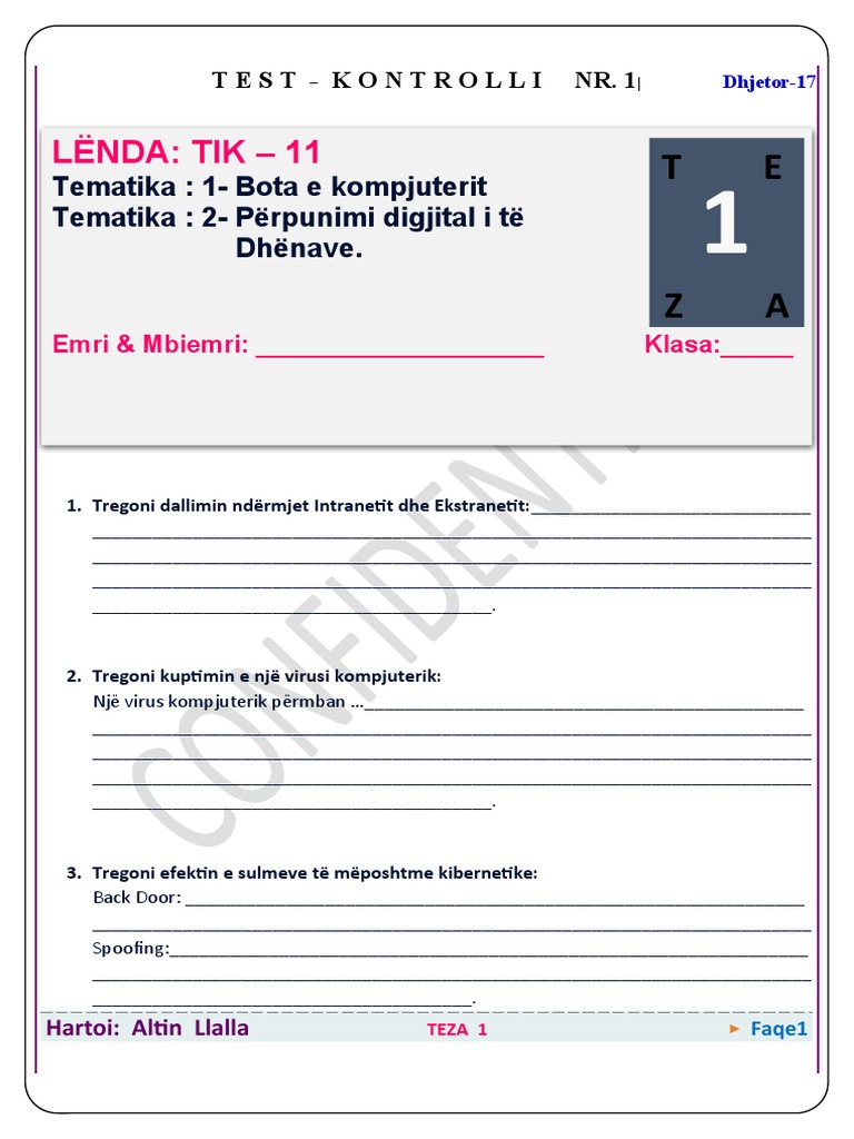 Test Kontrolli NR 1 Teza 1 Tik 11 2017 2018 | PDF