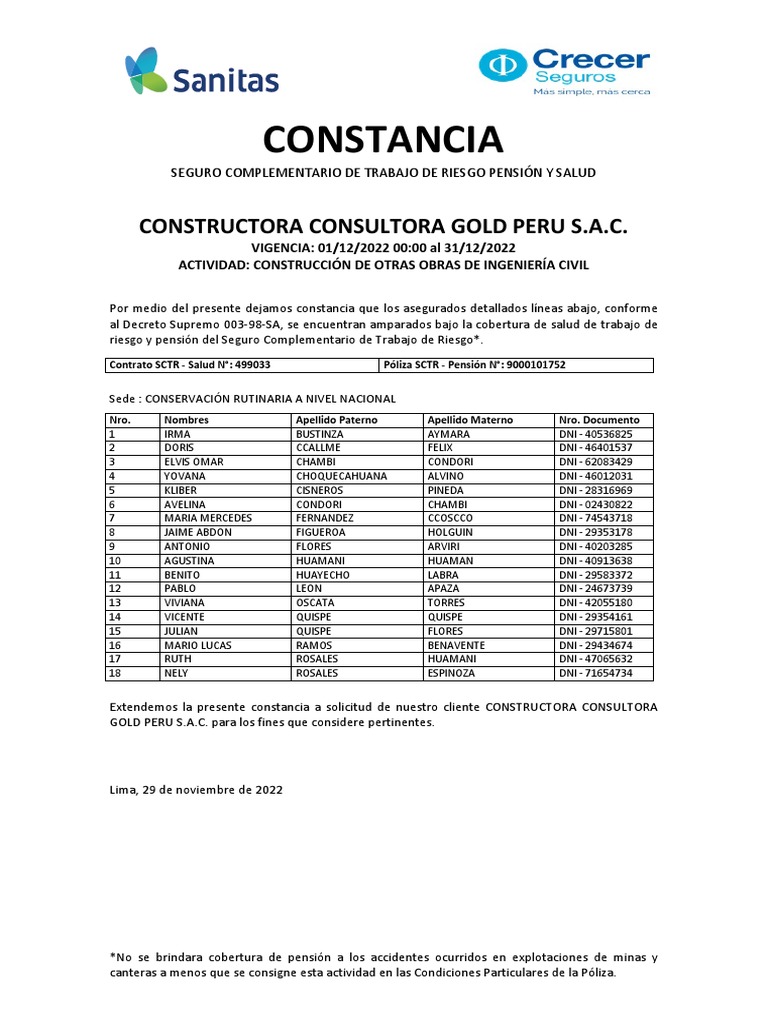 CONSTANCIA - CONSTRUCTORA CONSULTORA GOLD PERU S.A.C - DICIEMBRE 2022 (2) - Unlocked | PDF | Seguro