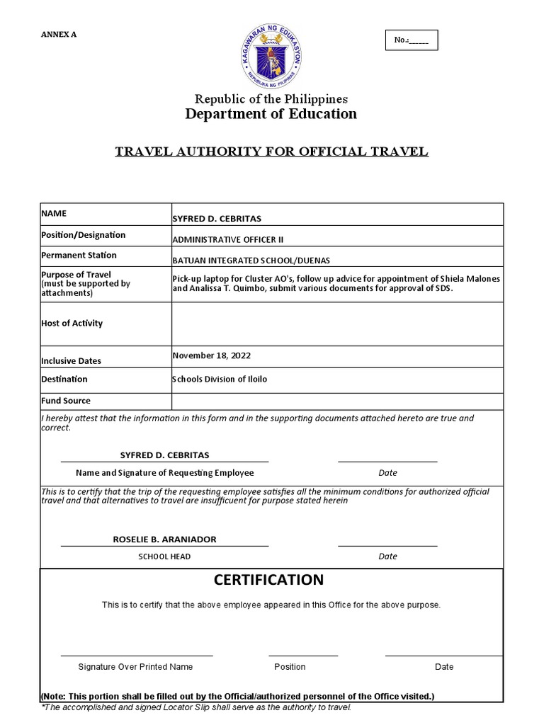 Travel Authority for Official Travel Form | PDF
