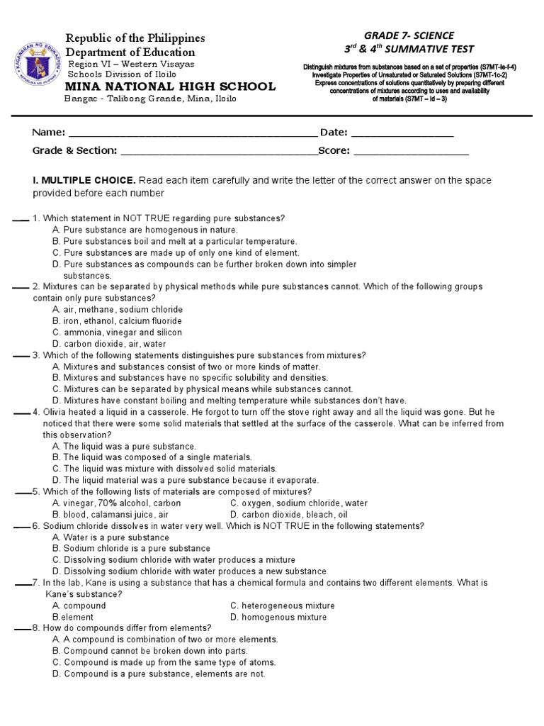 7th Grade Science Test Review | PDF | Mixture | Chemical Substances