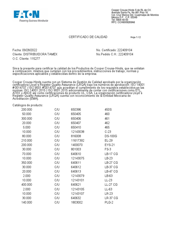 Eaton Quality Certificate 0222409104 115277 | PDF | Procesos de negocio ...
