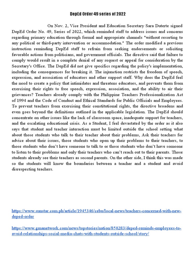 DepEd Order 49 Series of 2022 | PDF | Teachers | Freedom Of Speech