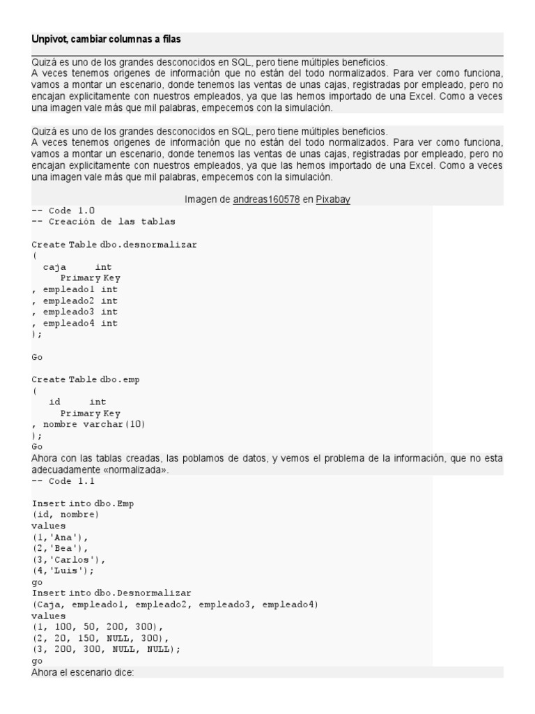 Unpivot en SQL: Transformar Columnas a Filas | PDF | SQL | Servidor SQL de Microsoft