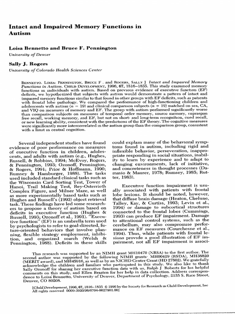 Intact and Impaired Memory Functions in Autism | PDF | Memory | Autism