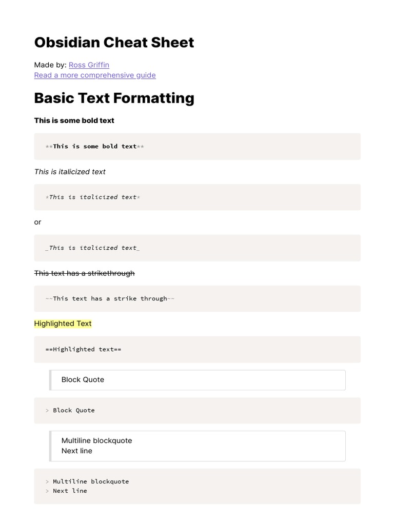 Obsidian Cheat Sheet | PDF | Html Element | Hypertext