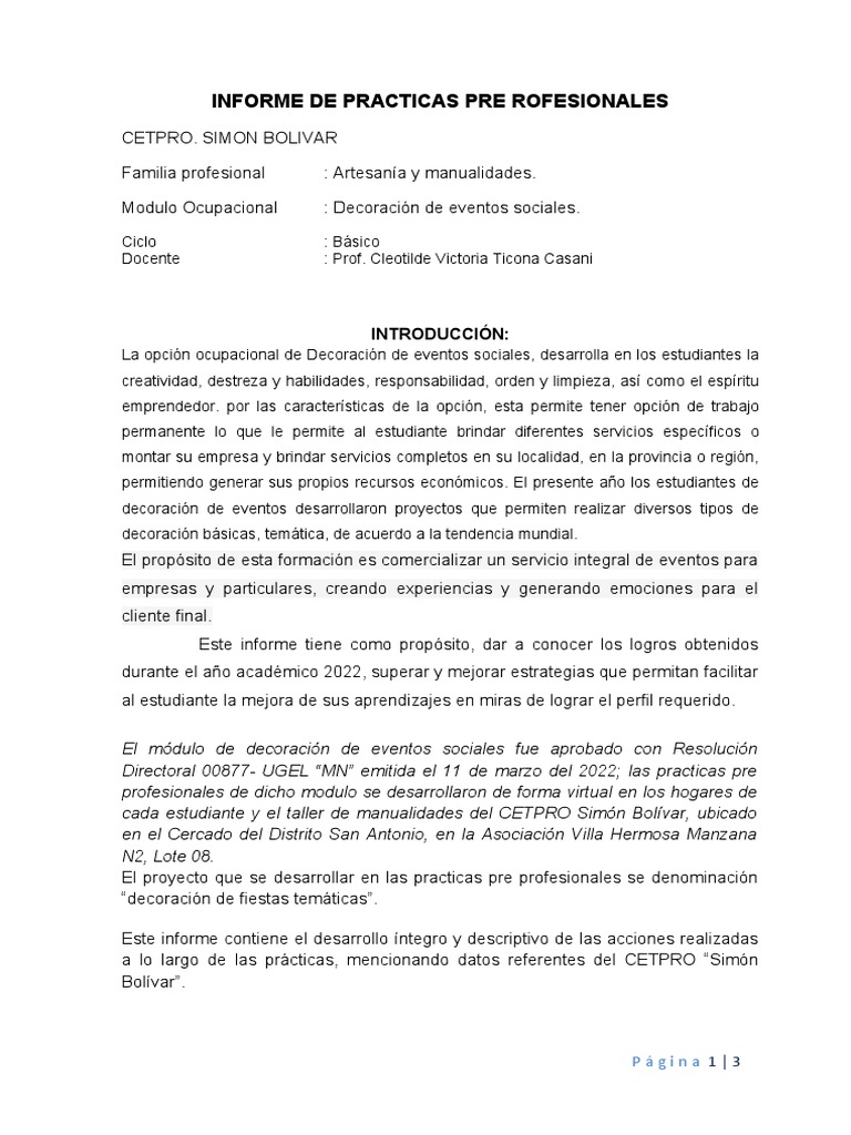 Informe de Practicas Pre Profesionales F | PDF | Iniciativa empresarial