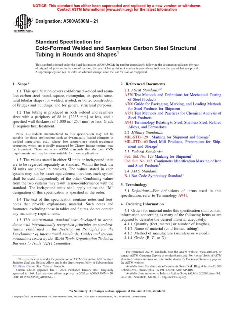 Astm A500 A500m-21 | PDF | Pipe (Fluid Conveyance) | Welding