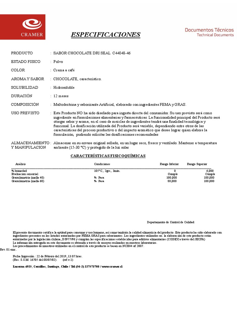 Ficha Tecnica Del Sabor Chocolate Dri Seal C4404846 | PDF | Chocolate ...