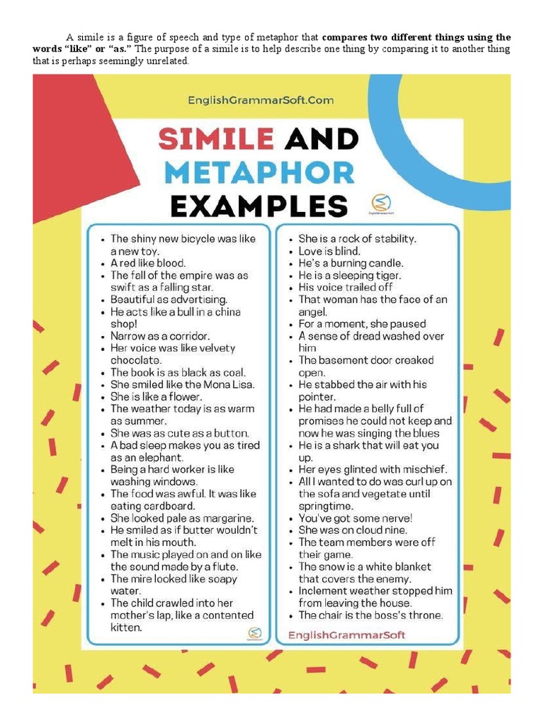 What is a Simile? Comparing Things Using "Like" or "As | PDF
