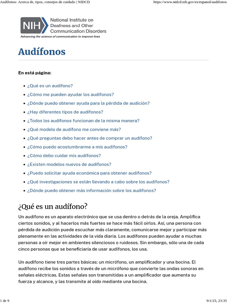 Audífonos Acerca De, Tipos, Consejos de Cuidado NIDCD | PDF | Audífono ...