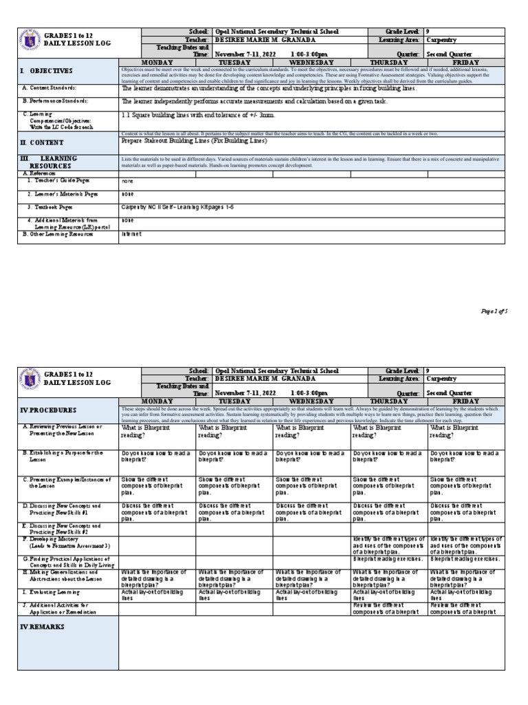DLL Carpentry Grade 9 | PDF | Teaching Method | Learning