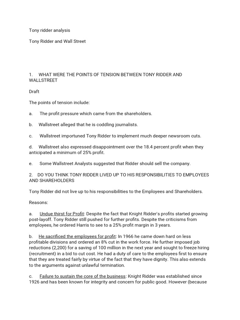 Tony Ridder Analysis | PDF | Profit (Economics) | News