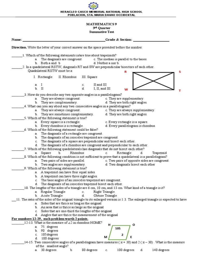 Mathematics 9 3rd Quarter Summative Test: Analyzing Geometric Concepts ...