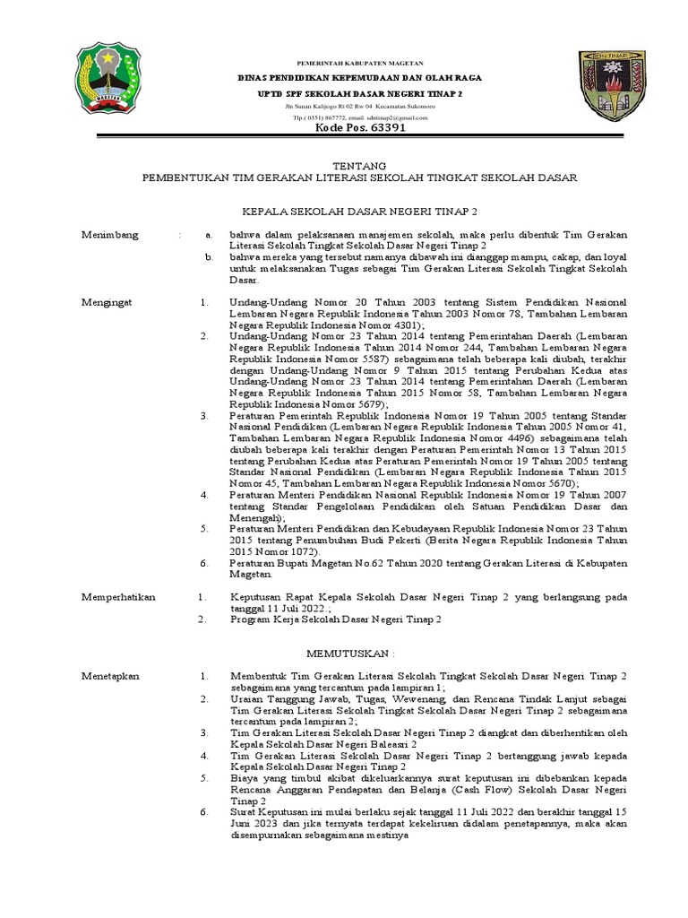Contoh SK Tim Literasi Sekolah | PDF