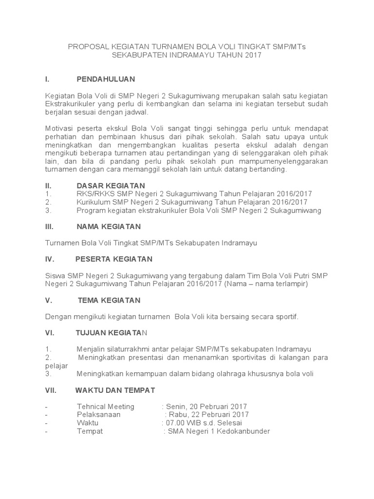 Proposal Kegiatan Turnamen Bola Voli Tingkat SMP | PDF Proposal Kegiatan Turnamen Bola Voli Tingkat SMP | PDF