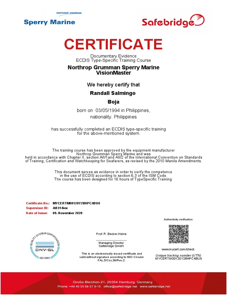 ECDIS Type-Specific Training Certificate | PDF