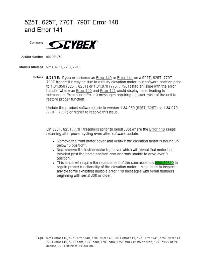 Cybex 625T, 770T Error 140, 141pdf | PDF | Home & Garden | Computers